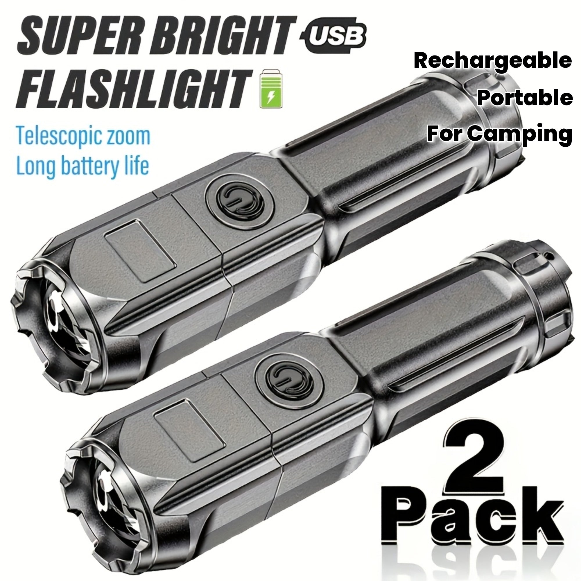 2pcs Handheld Rechargeable LED Flashlights, with Zoom, Supporting 3 ...