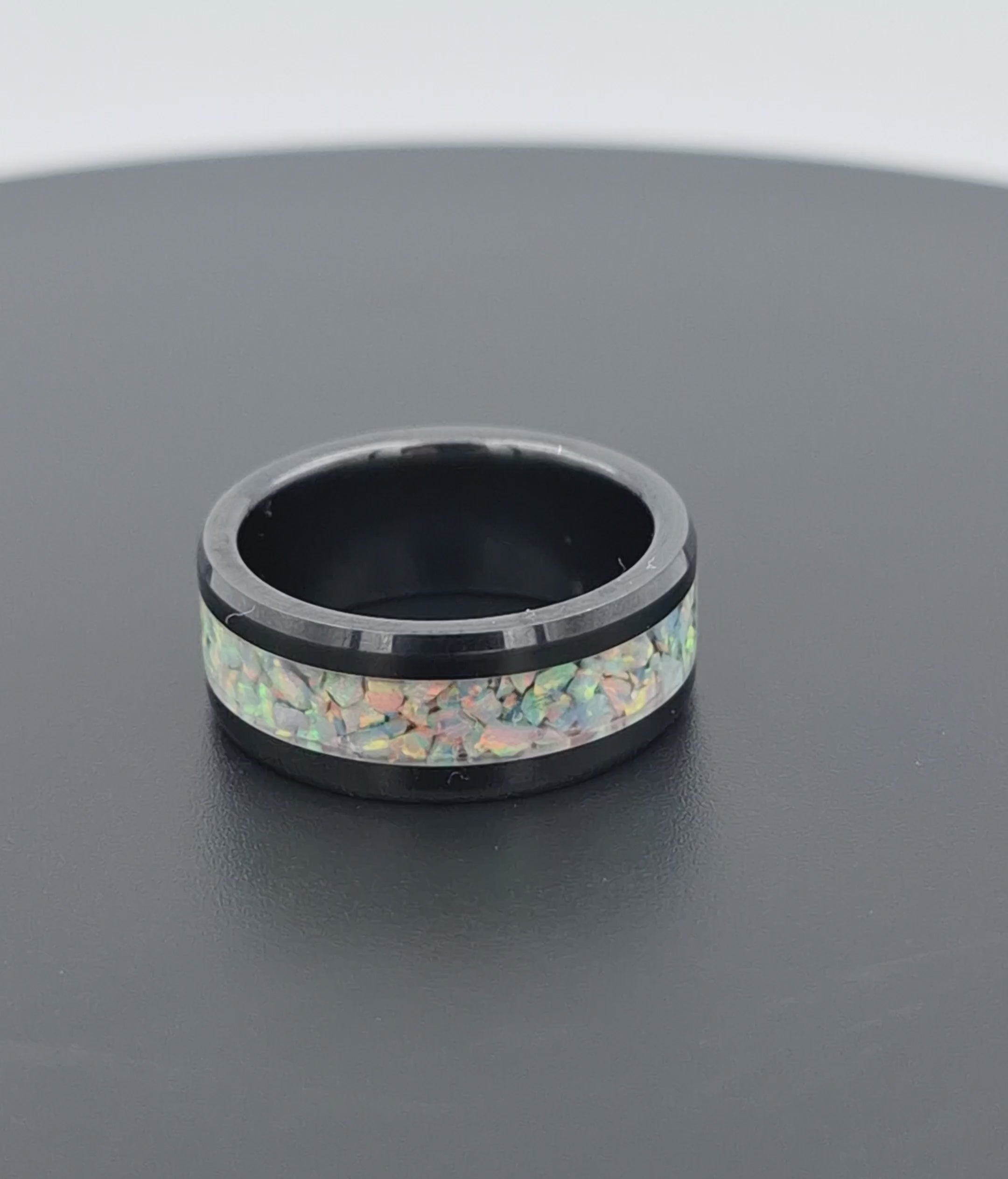 Black Ceramic 8mm Ring With Crushed Opals - Size 7 – Little Tokyo SA